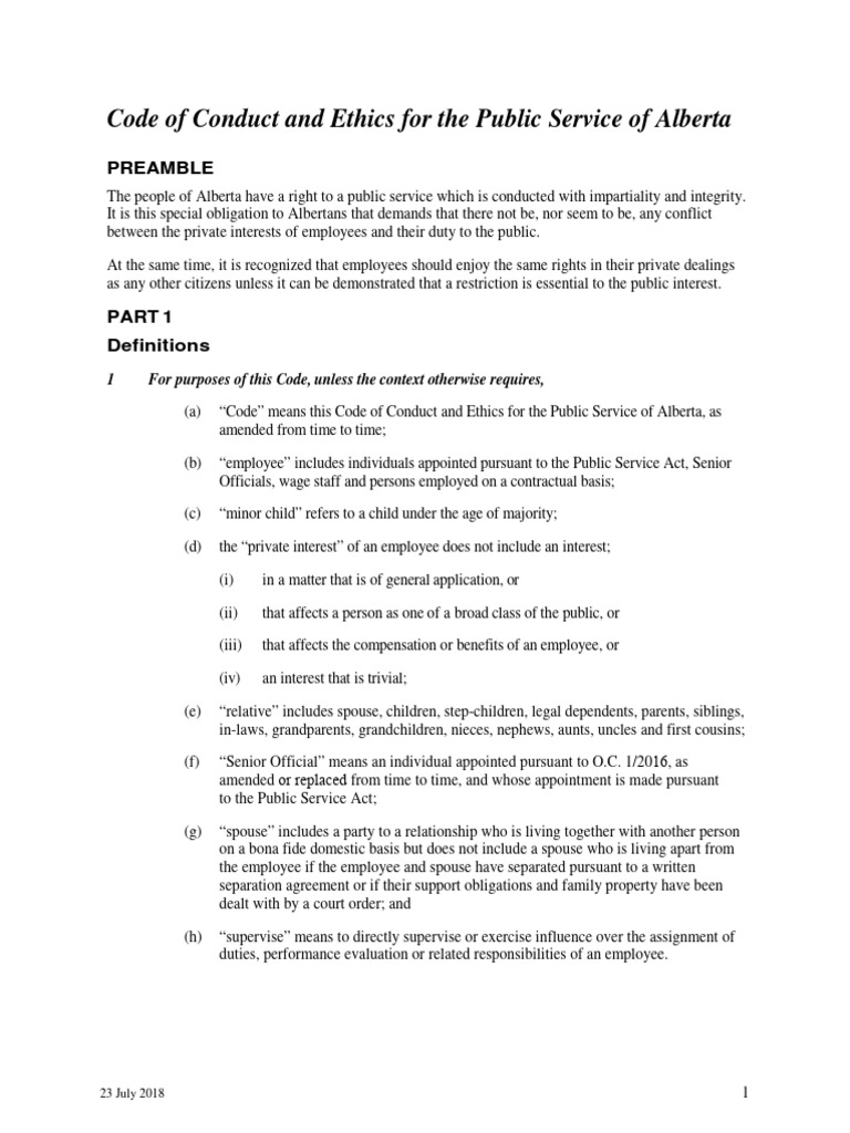 Code of Conduct and Ethics For The Public Service of Alberta | PDF ...