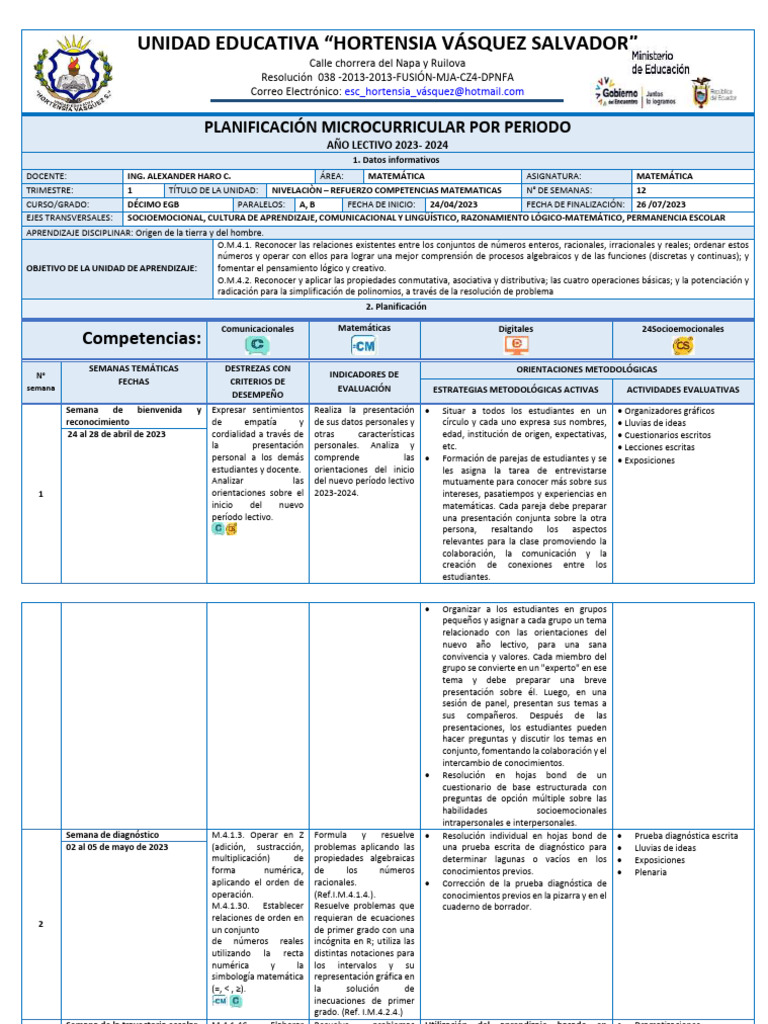 Plan Micro Mate Decimo | PDF | Ecuaciones | Aprendizaje