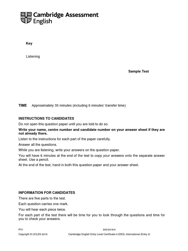 Key Listening Sample Test 2 Question Paper | PDF
