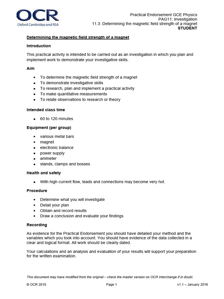 PAG11.3 Determining strength of Bfield 1 | PDF | Magnet | Magnetic Field