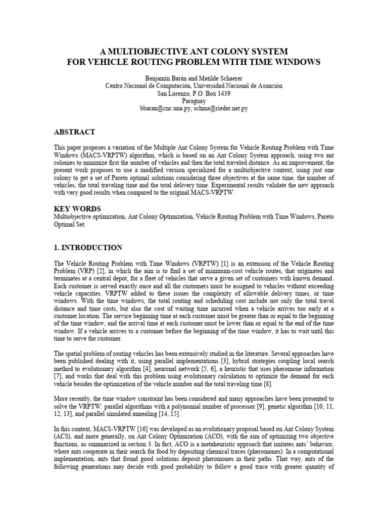 A MULTIOBJECTIVE ANT COLONY SYSTEM FOR VEHICLE ROUTING PROBLEM WITH TIME WINDOWS | PDF ...