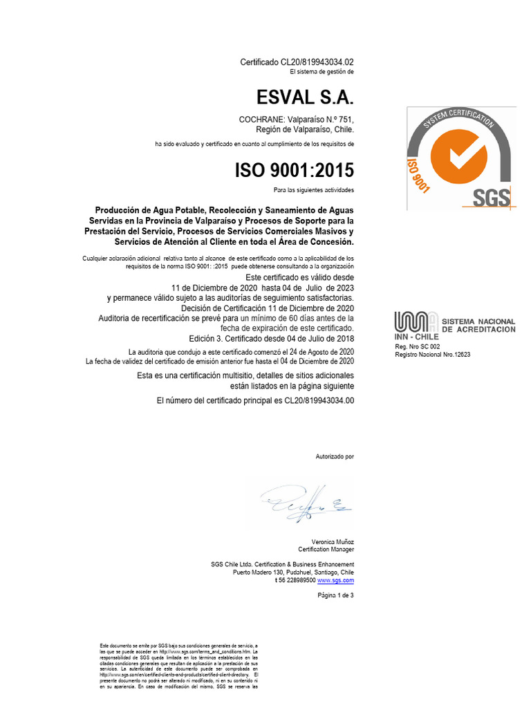 Cert Esval Iso 9001-2-1 | PDF | Auditoría | Contabilidad
