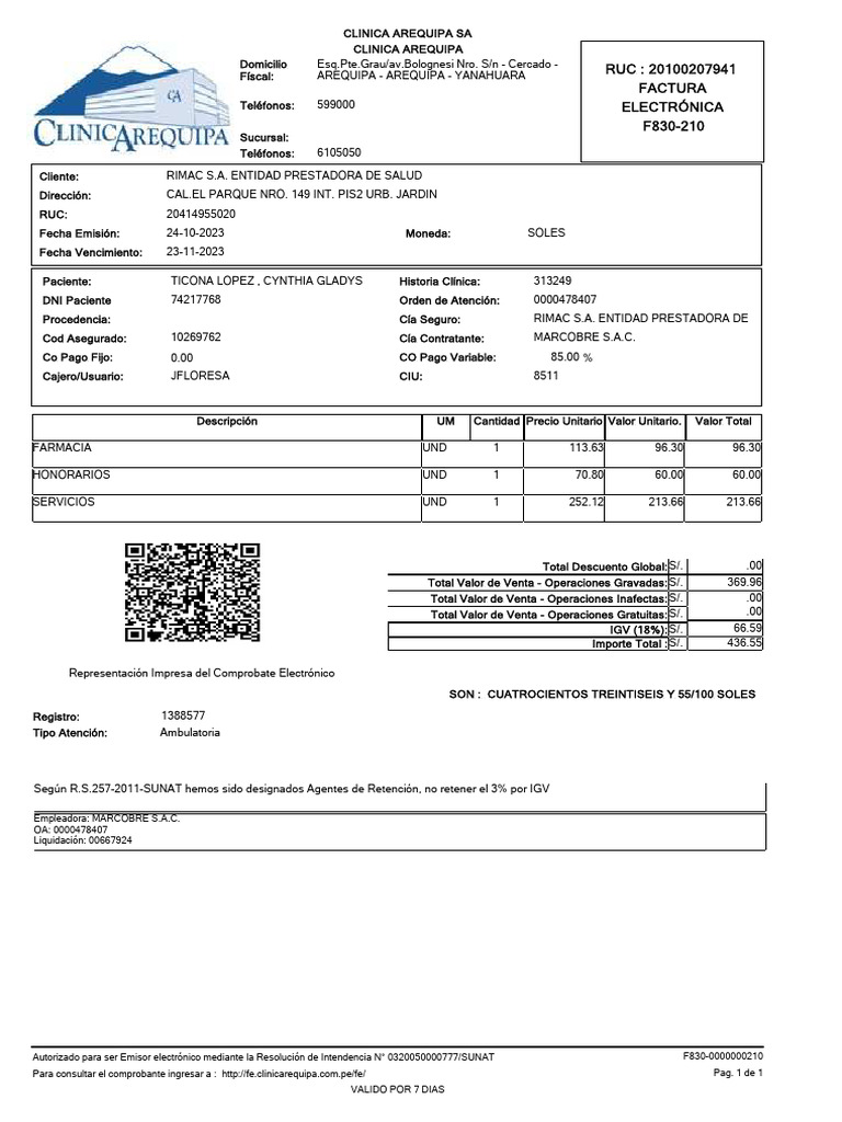 RUC: 20100207941 Factura Electrónica F830-210 | PDF | El embarazo | Póliza de seguros