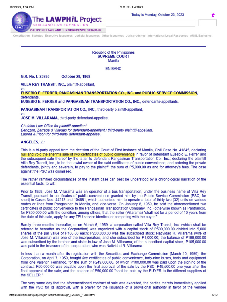 Villa Rey Transit v. Ferrer, G.R. No. L-23893, Oct. 29, 1968 | PDF ...