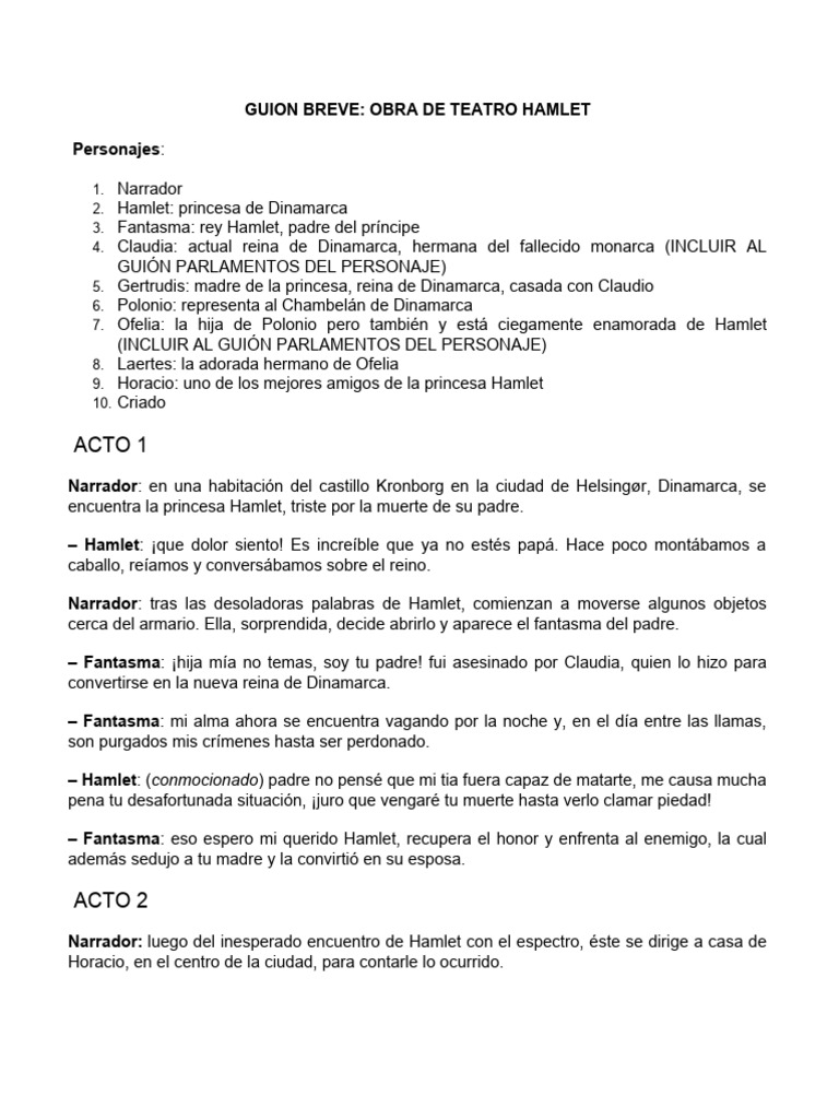 Guion Breve Obra de Teatro Hamlet Editado | PDF | Aldea