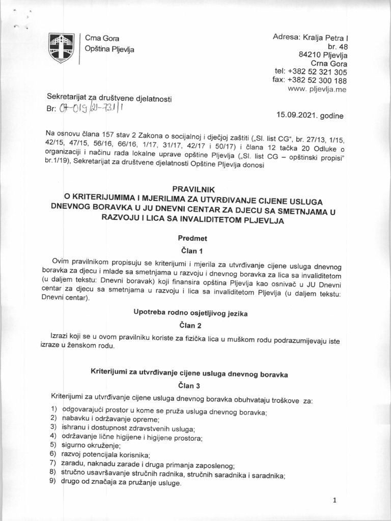 Pravilnik o Kriterijumima I Mjerilima Za Utvrđivanje Cijene Usluga Dnevnog Boravka U JU Dnevni ...
