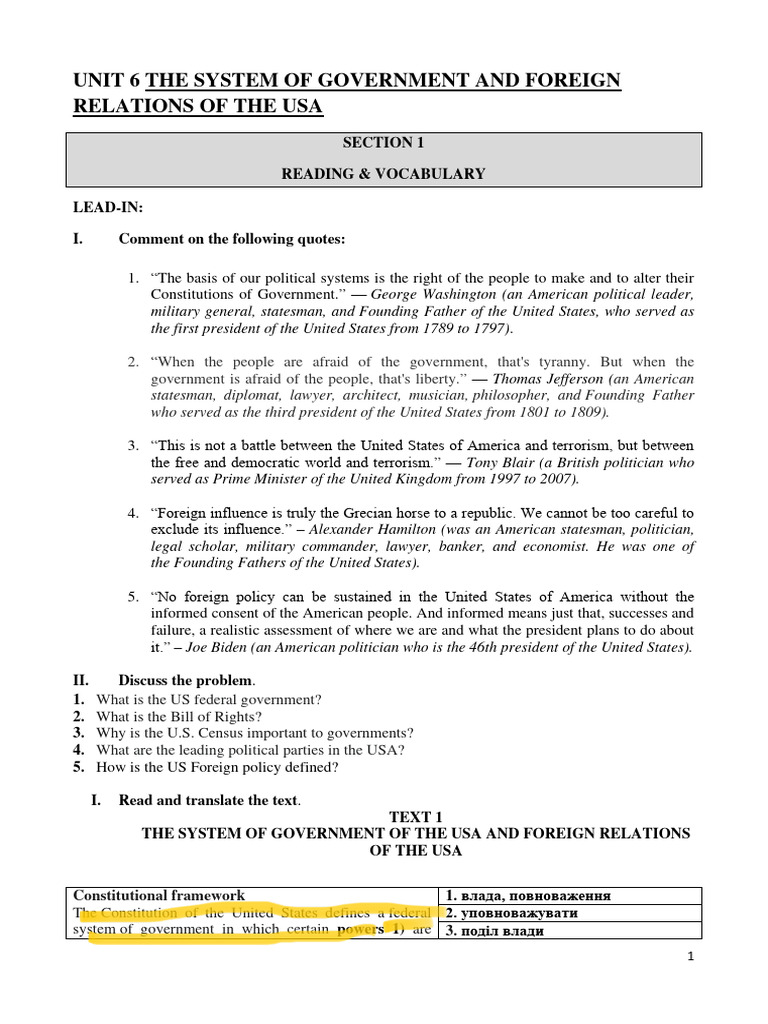 Unit 6 The System of Government and Foreign Relations of The Usa | PDF ...