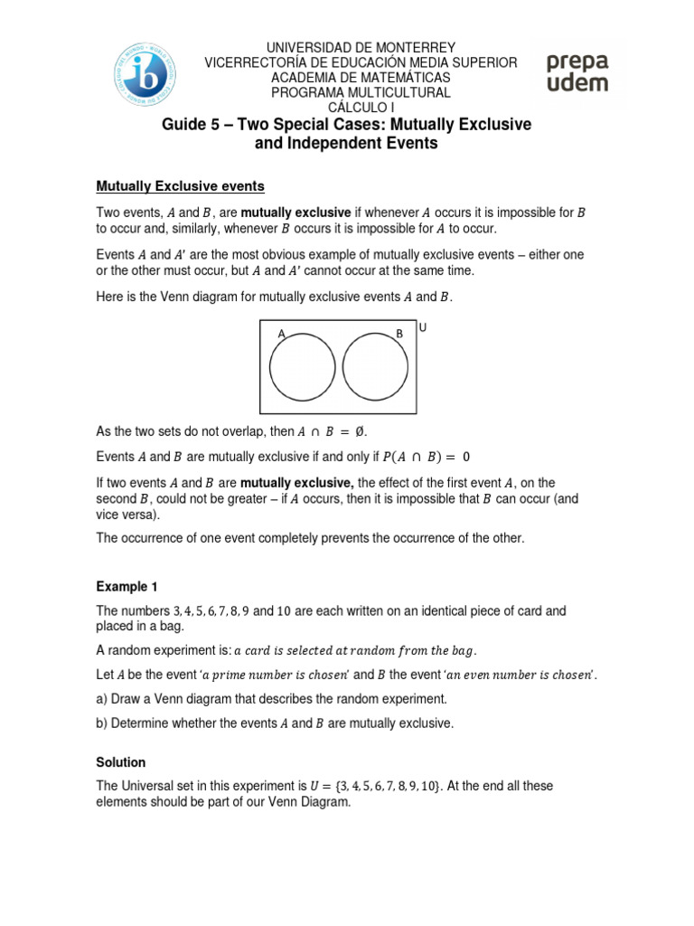 5 - Two Special Cases Mutually Exclusive and Independent Events - MC ...