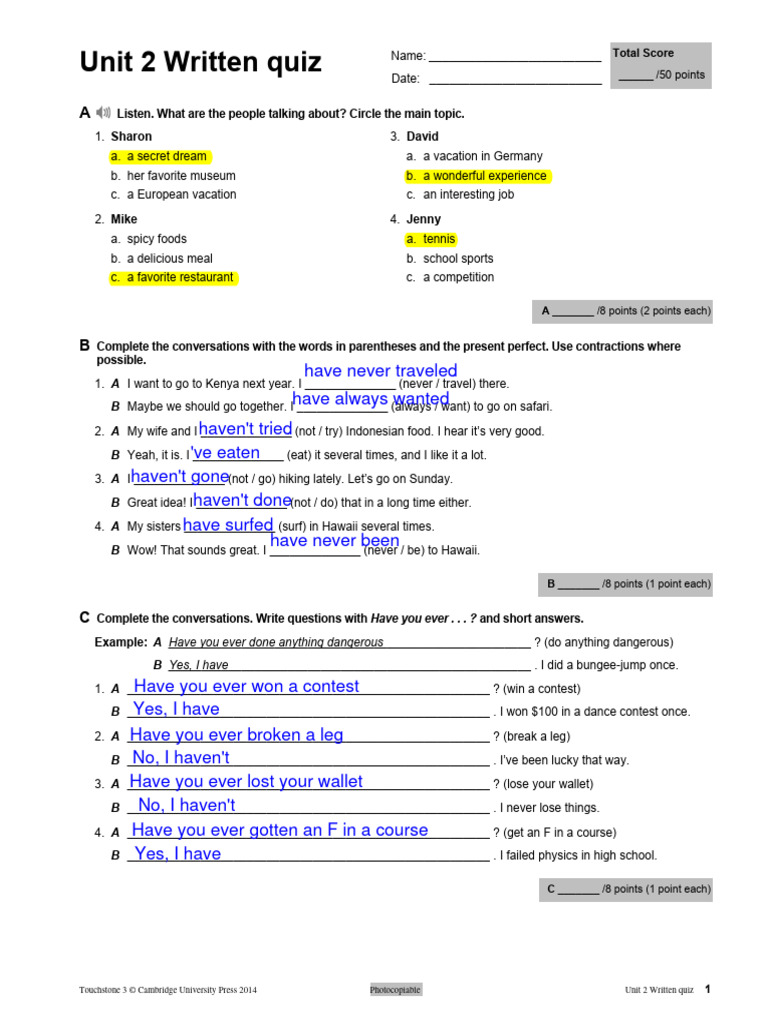 Touchstone 3 Unit 2 Written Quiz | PDF