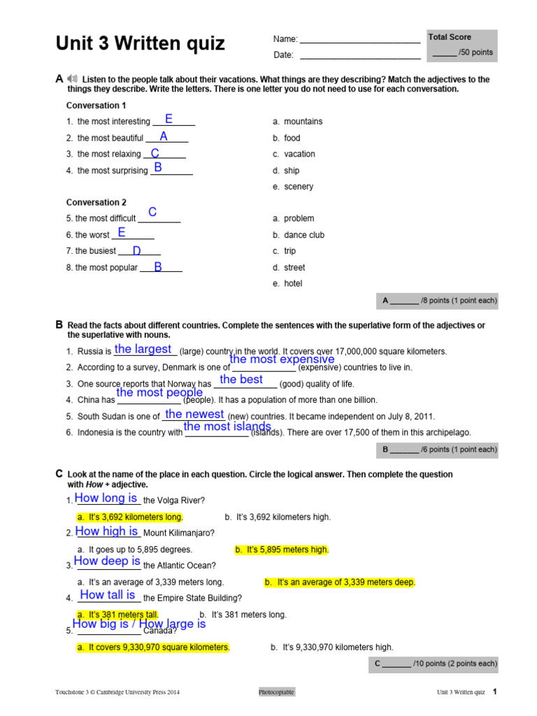 Touchstone 3 - 2nd Edition Quiz Unit 3 Answer | PDF | Geography | Physical Geography