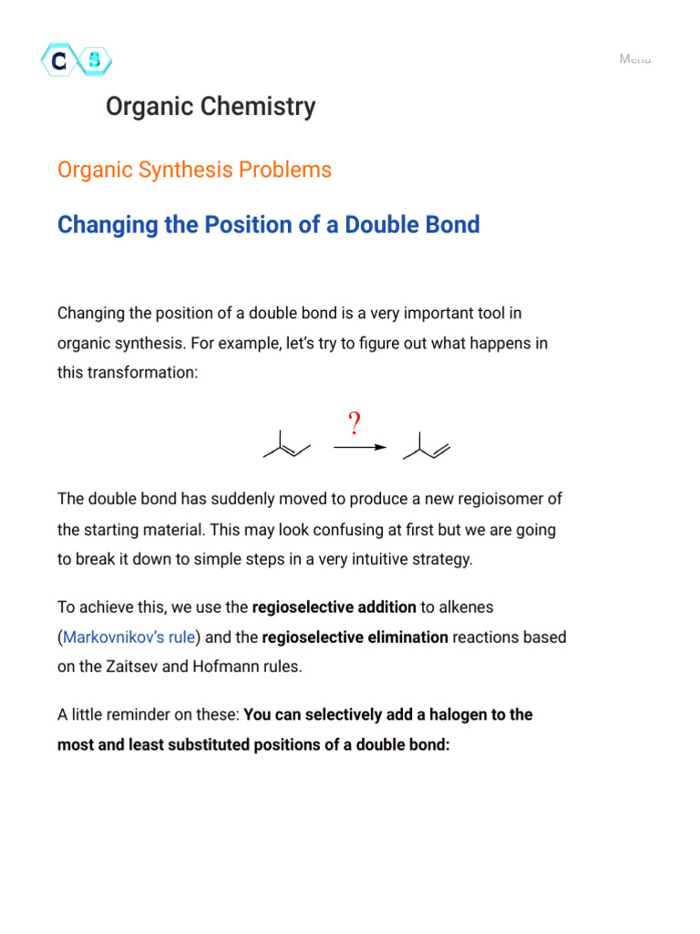 Alkene Synthesis - Changing The Position of A Double Bond - Chemi | PDF | Alkene | Chemical ...
