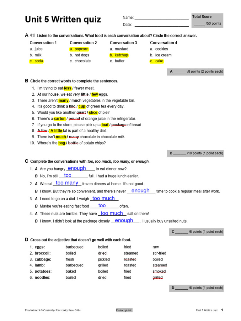 Touchstone 3 - 2nd Edition Quiz Unit 5 Answer | PDF | Roasting | Barbecue