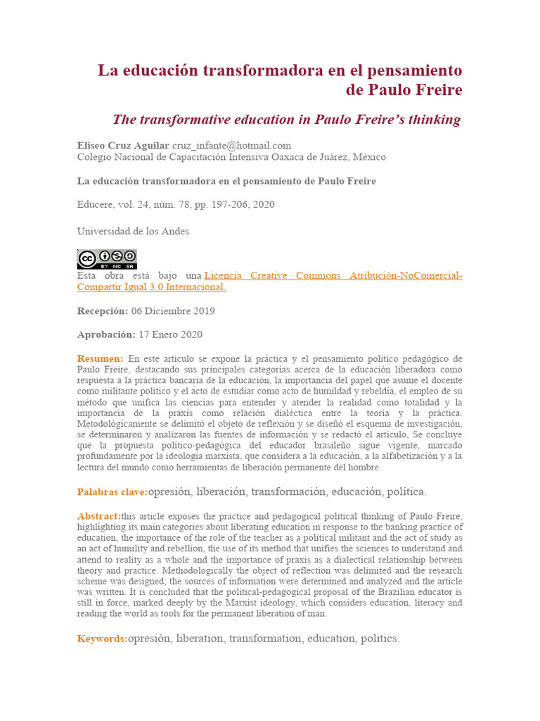 CRUZ AGUILAR, E. (2020) La educación transformadora en el pensamiento de Paulo Freire | PDF ...