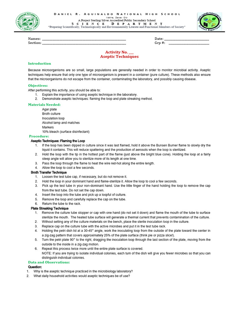Activity Sheet Aseptic Technique Plate Streaking | PDF | Microbiology ...