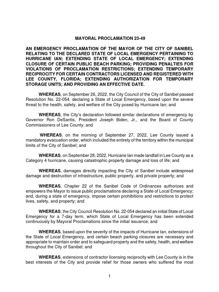 Mayoral Proclamation 23-49 - Hurricane Ian Extension | PDF | Beach ...