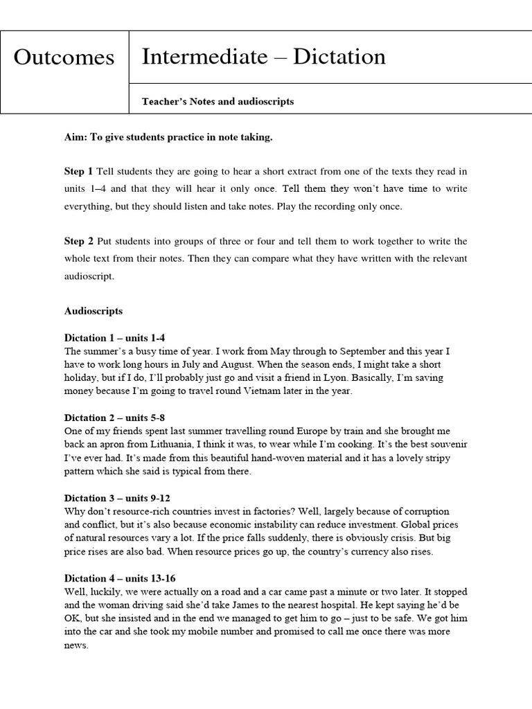 Intermediate Dictation TeachersNotes and Answers | PDF