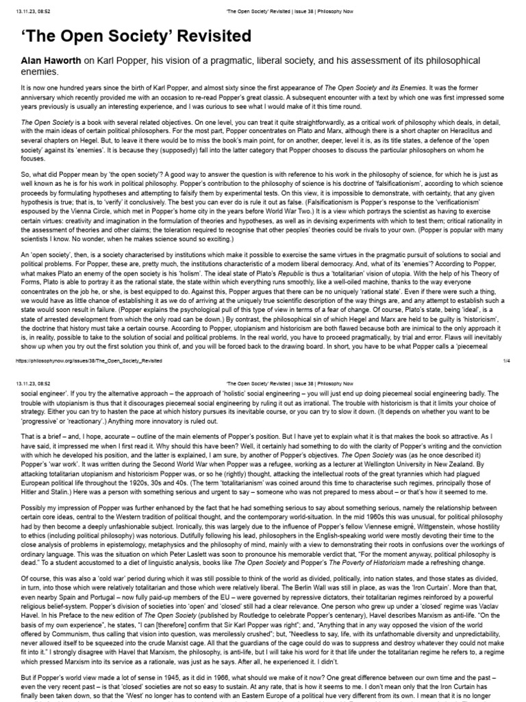 The Open Society' Revisited - Issue 38 - Philosophy Now | PDF | Karl Popper | Hypothesis