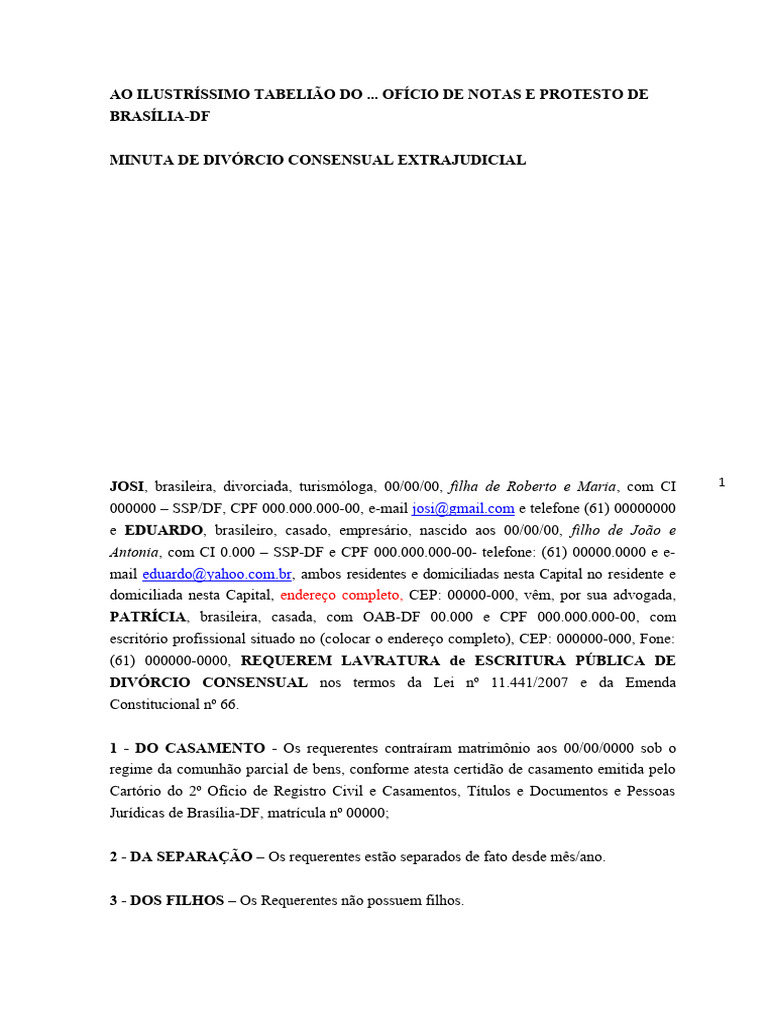 Modelo de Minuta Divorcio Extrajudicial | PDF | Divórcio | Casamento