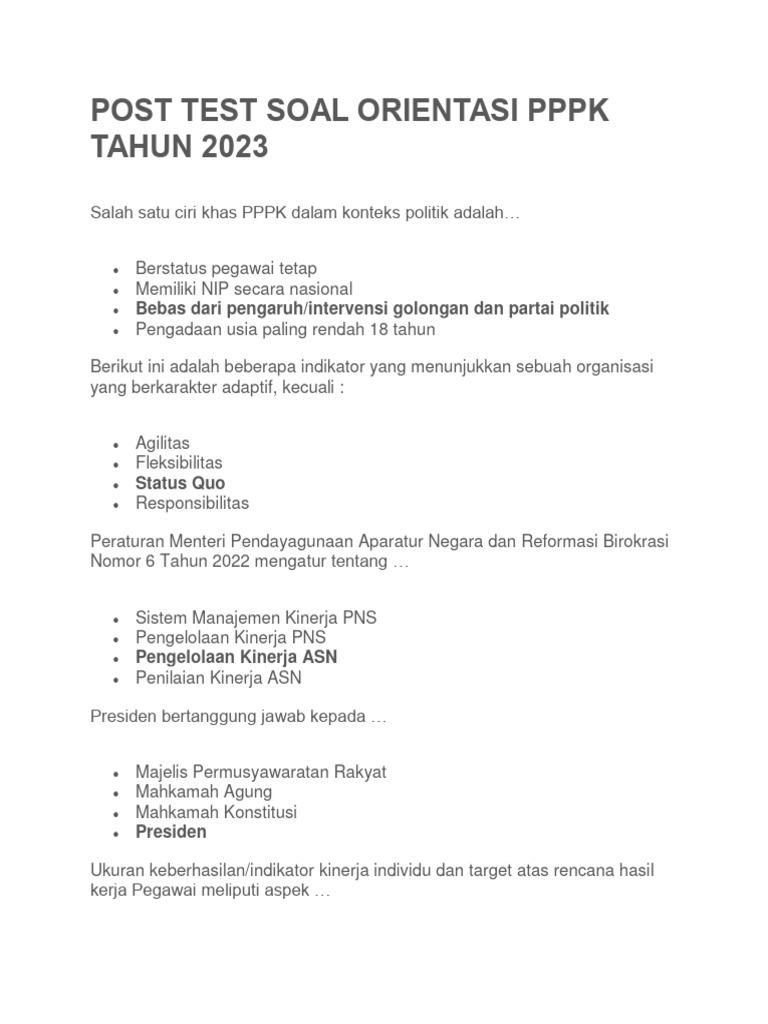 Post Test Soal Orientasi PPPK Tahun 2023 | PDF