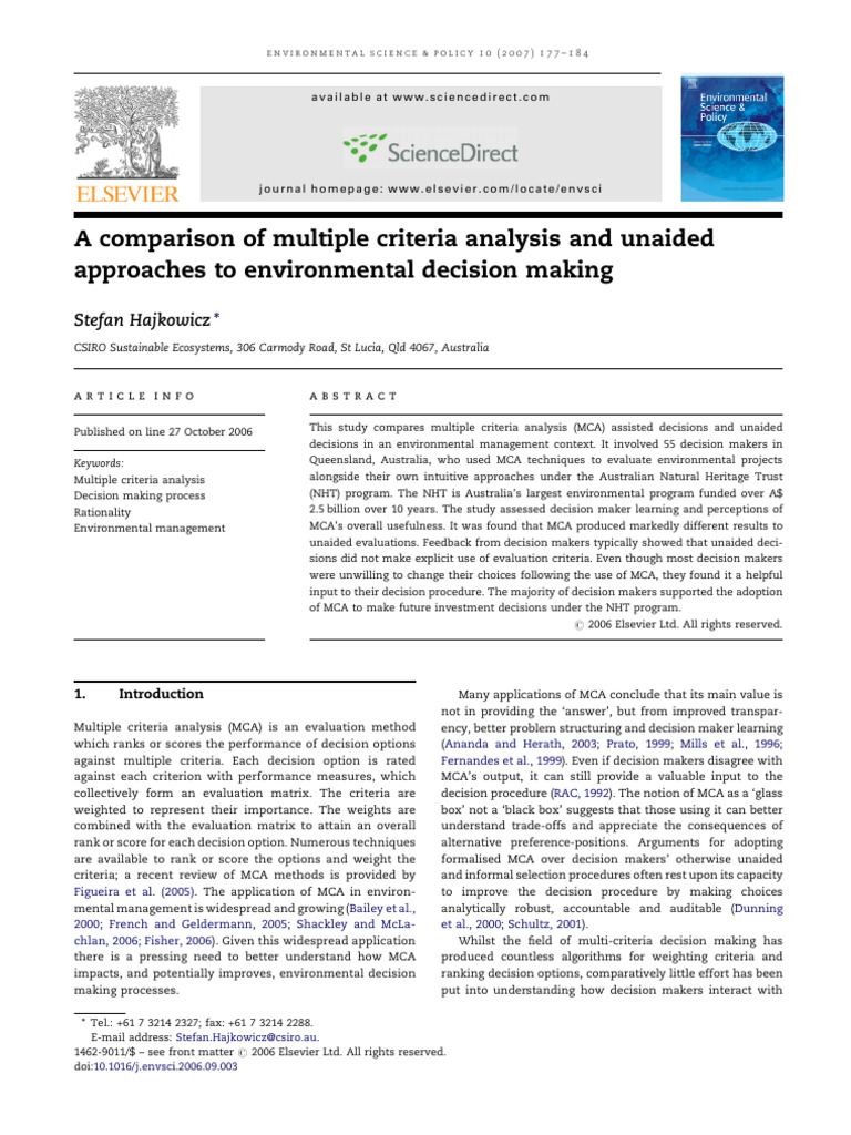 A Comparison of Multiple Criteria Analysis and Unaided Approaches To ...