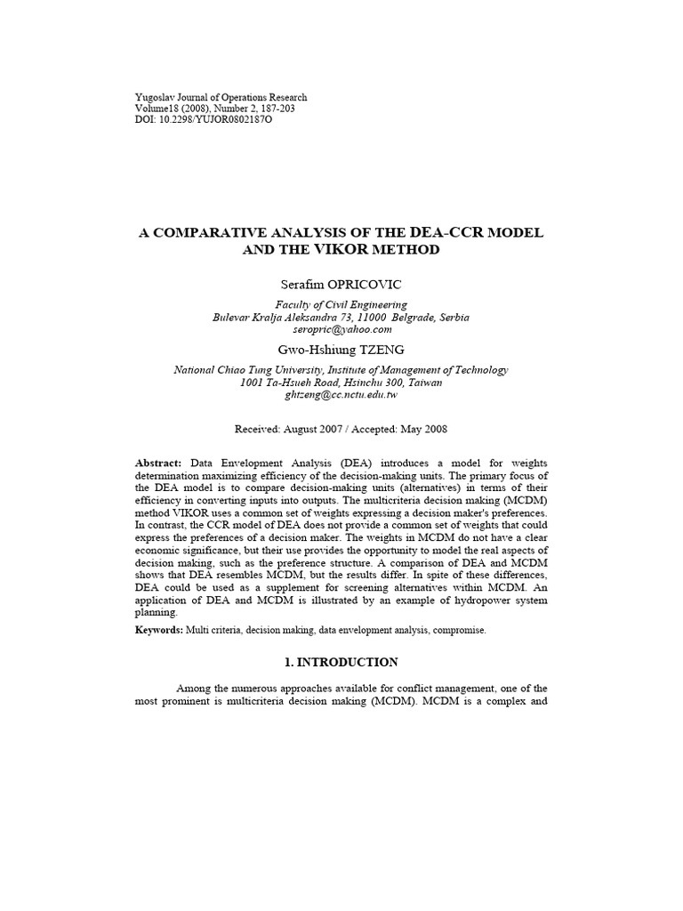 A Comparative Analysis of The DEA-CCR Model and The VIKOR Method | PDF ...