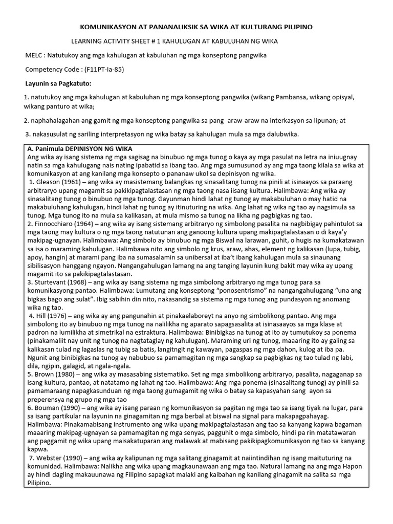 Komunikasyon at Pananaliksik Sa Wika at Kulturang Pilipino 1 | PDF