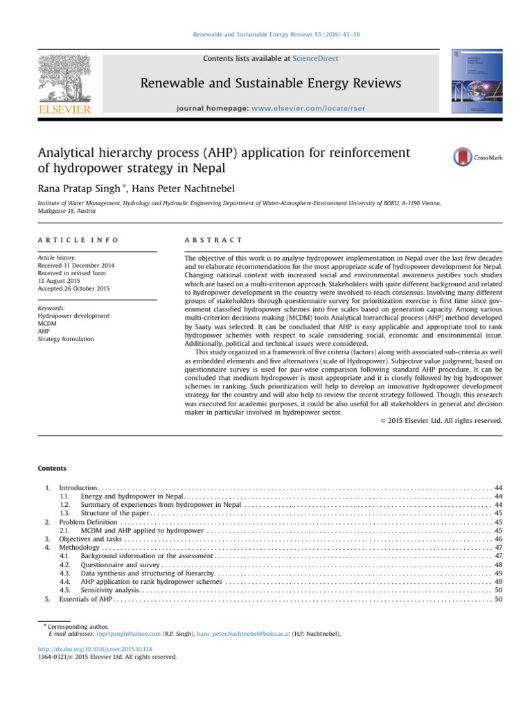 Analytical Hierarchy Process Ahp Application For Reinforcement Of Hydropower Strategy In Nepal