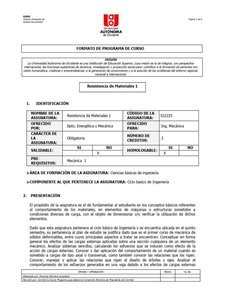 Resistencia de Materiales - Programa Del Curso | PDF | Viga (Estructura) | Resistencia de materiales
