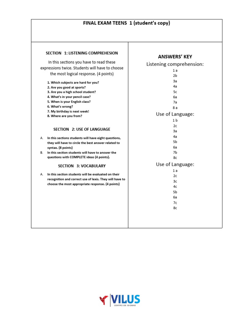 Final Exam Teens 1 Teachers | PDF