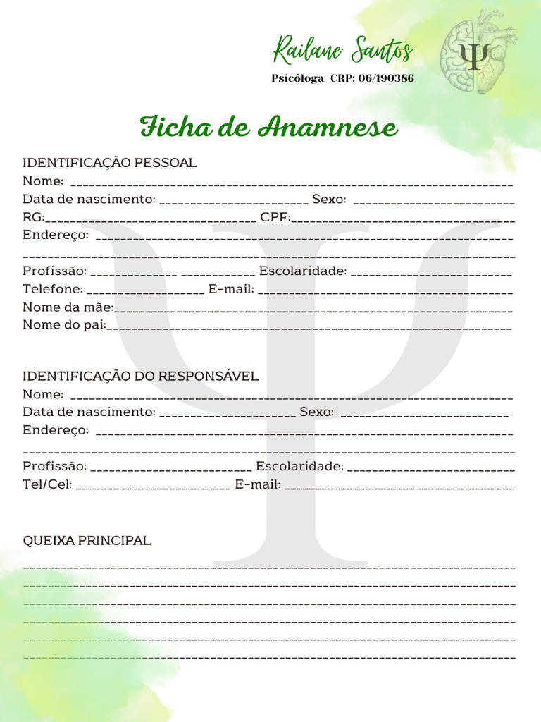 Ficha de Anamnese Psicológica | PDF | Terapia | Prática da medicina