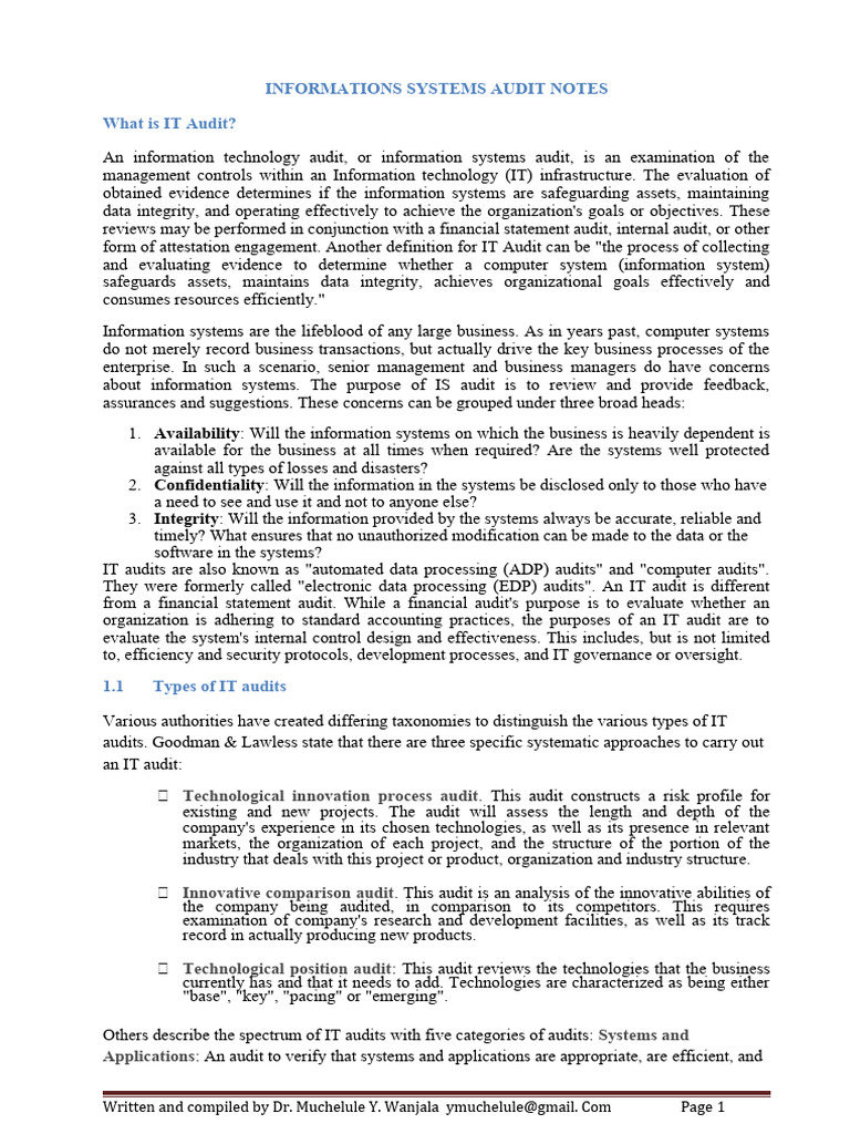 INFORMATIONS SYSTEMS AUDIT NOTES Muchelule | PDF | Audit | Internal Audit
