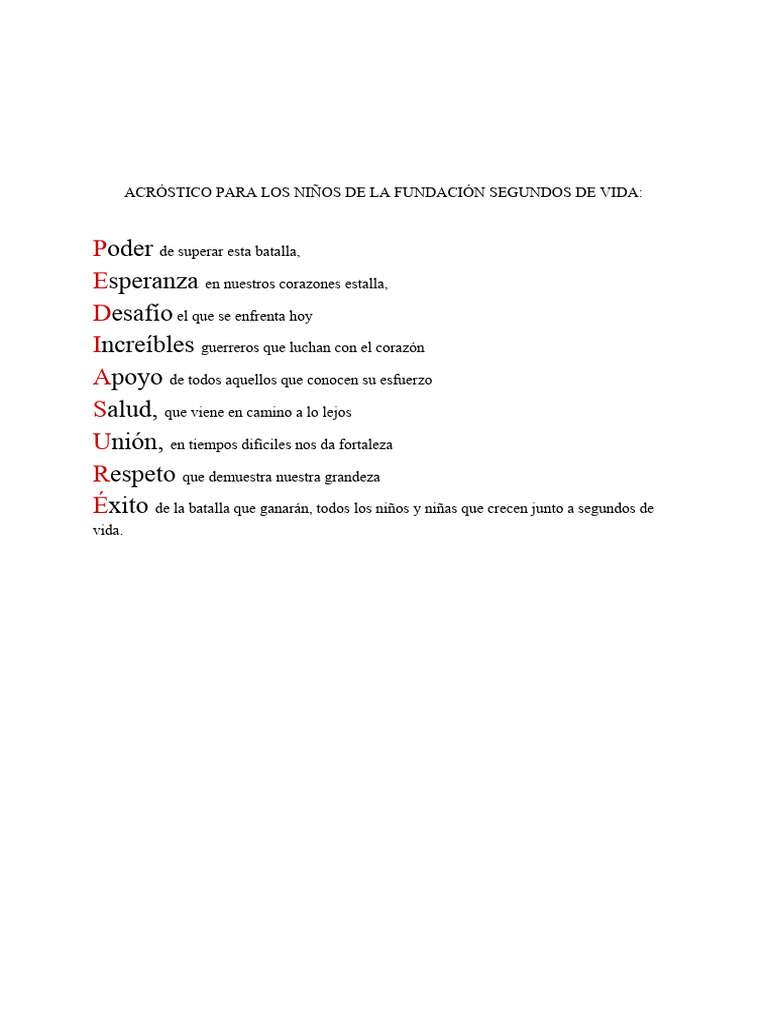 Acróstico Fundación Segundos de Vida | PDF | Bienestar