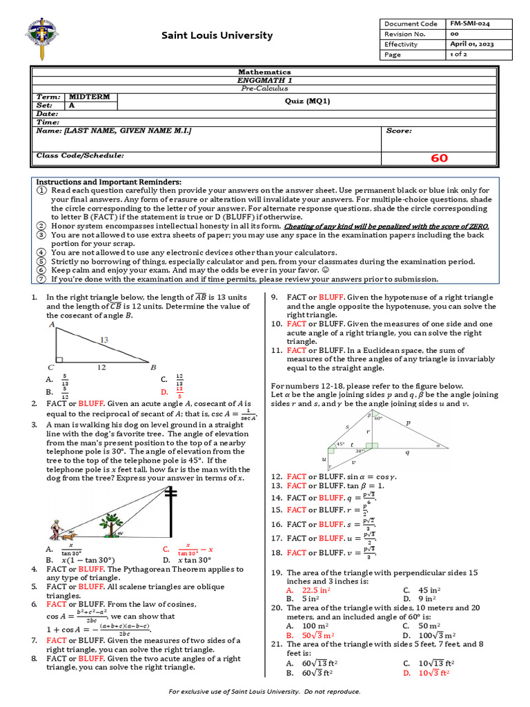 Pre-Calculus Midterm Quiz for SLU | PDF | Triangle | Trigonometric Functions