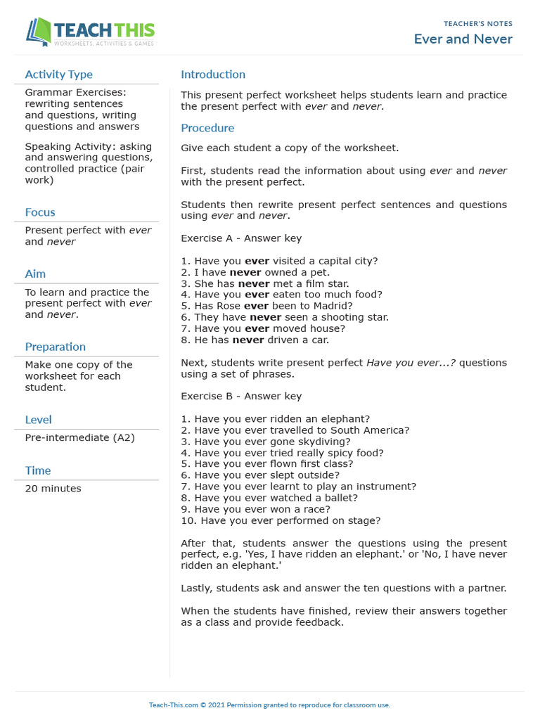 Ever and Never Worksheet | PDF | Learning | Cognitive Science
