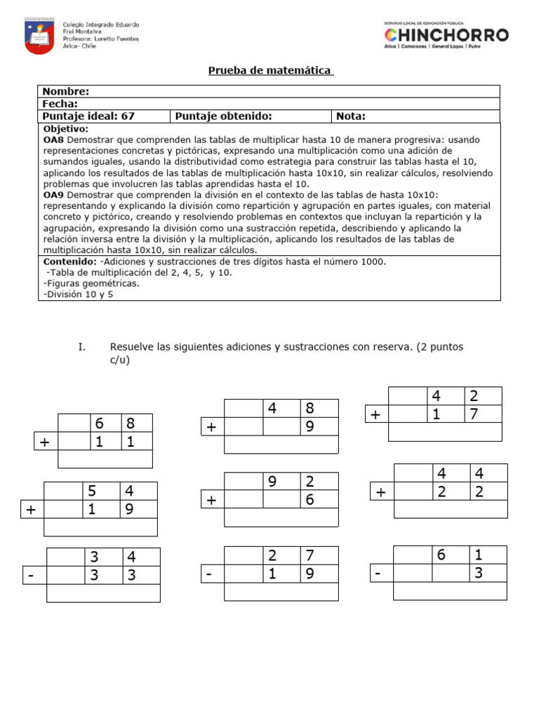 prueba matematica 3 basico | PDF | Multiplicación | División (Matemáticas)