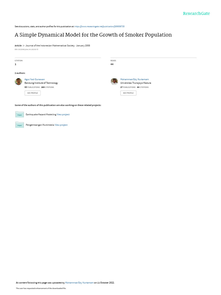 A Simple Dynamical Model For The Growth of Smoker Population | PDF ...