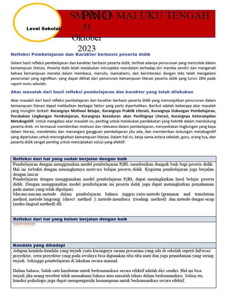 PMO Ke 2 - Refleksi Pembelajaran Dan Karakter Berbasis Peserta Didik | PDF