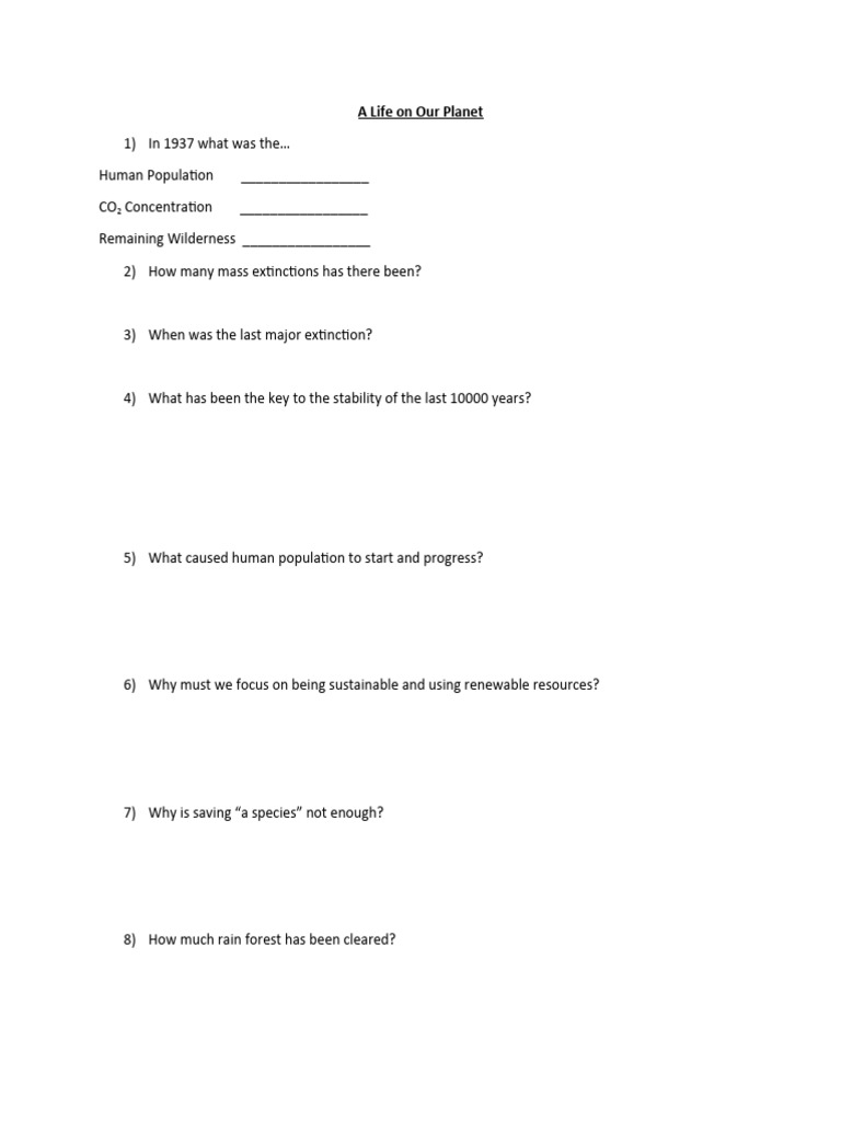 A Life On Our Planet Question Sheet | PDF