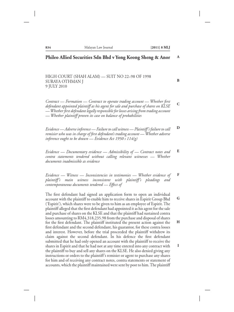 Phileo Allied Securities SDN BHD V Yong Keong Sheng & Anor | PDF ...