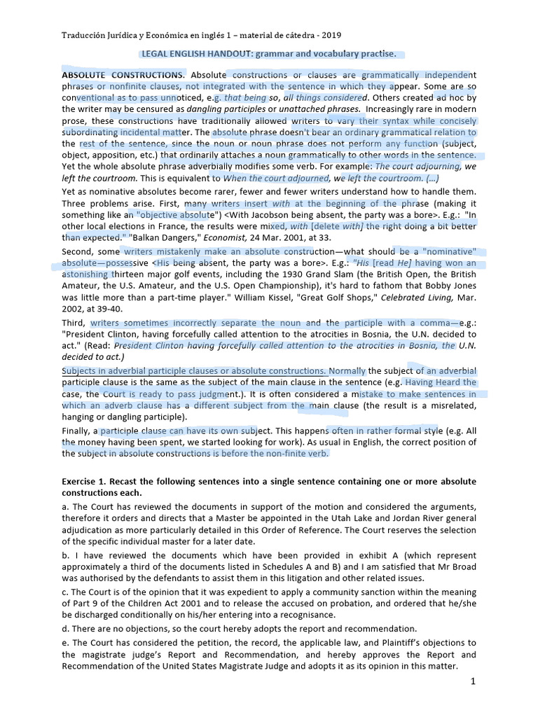 Legal English Handout - 230525 - 011902 | PDF | Noun | Verb