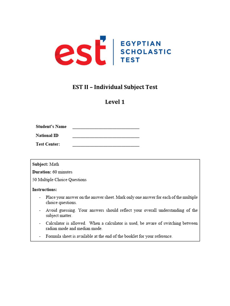 EST II - Math Level 1 - June 2021 | PDF | Asymptote | Area