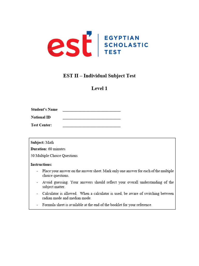 EST II Math Level 1 Exam December 2020 | PDF | Area | Rectangle