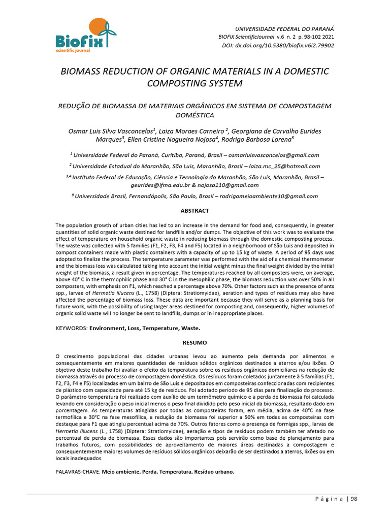 Biomass Reduction of Organic Materials in A Domestic Composting System ...