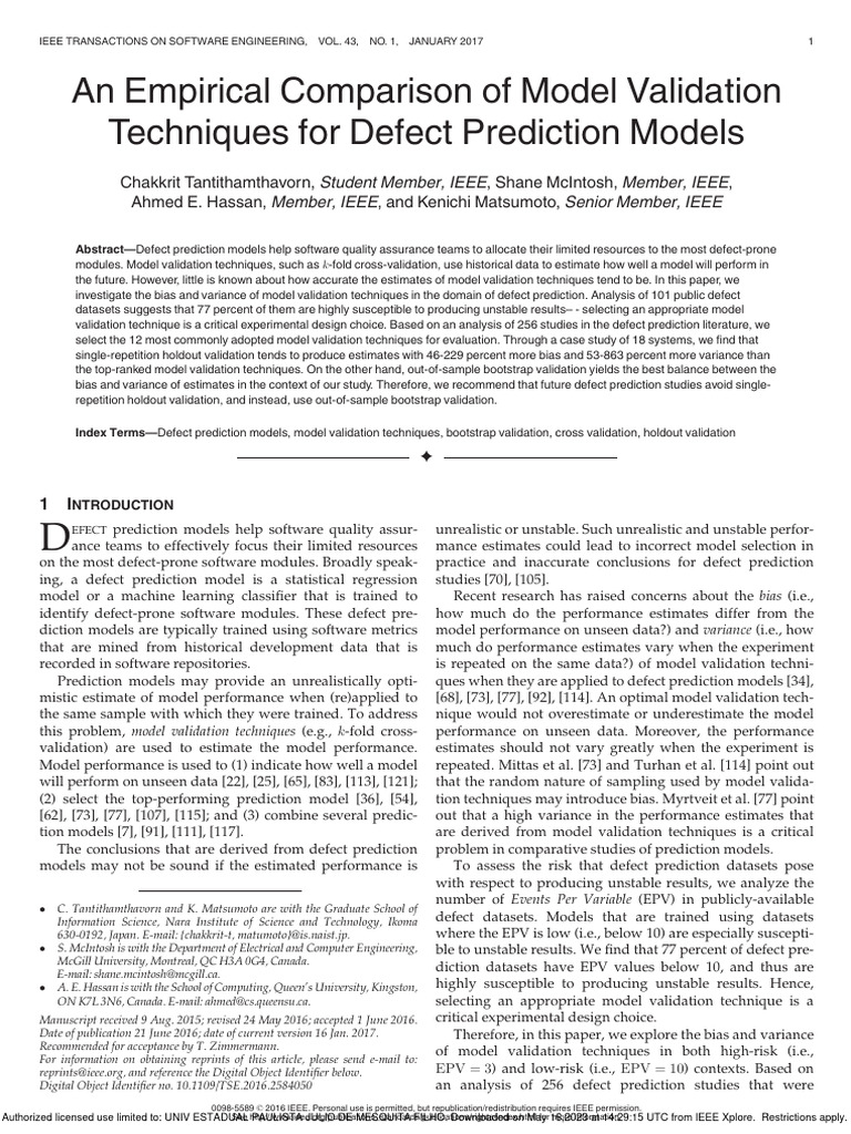 An Empirical Comparison of Model Validation Techniques For Defect Prediction Models | PDF ...