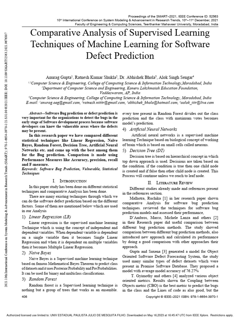 Comparative Analysis Of Supervised Learning Techniques Of Machine Learning For Software Defect