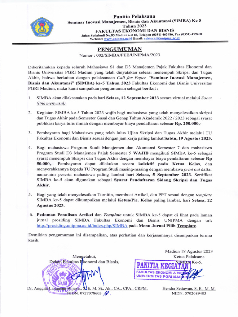 Pengumuman SIMBA 2023 untuk Mahasiswa | PDF | Bisnis