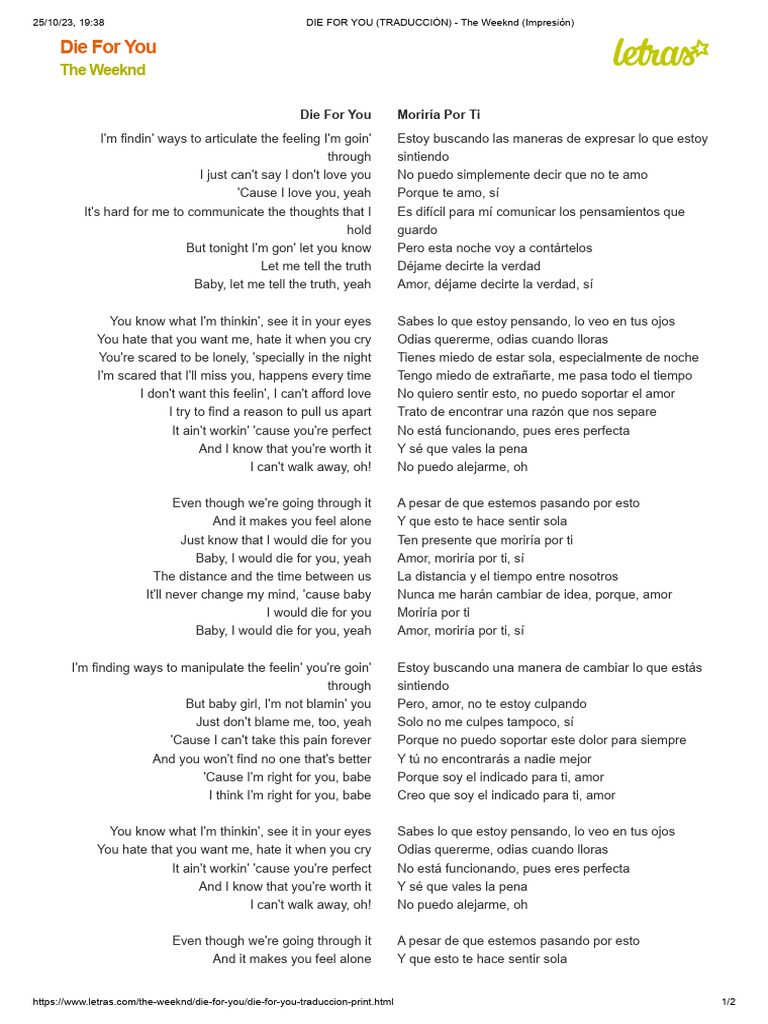 DIE FOR YOU (TRADUCCIÓN) - The Weeknd (Impresión) | PDF | Música grabada