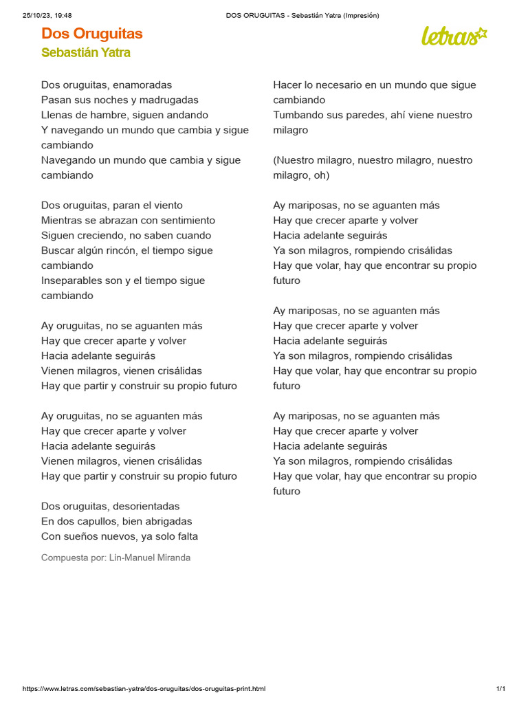 DOS ORUGUITAS - Sebastián Yatra (Impresión) | PDF | Insectos | Hexapoda