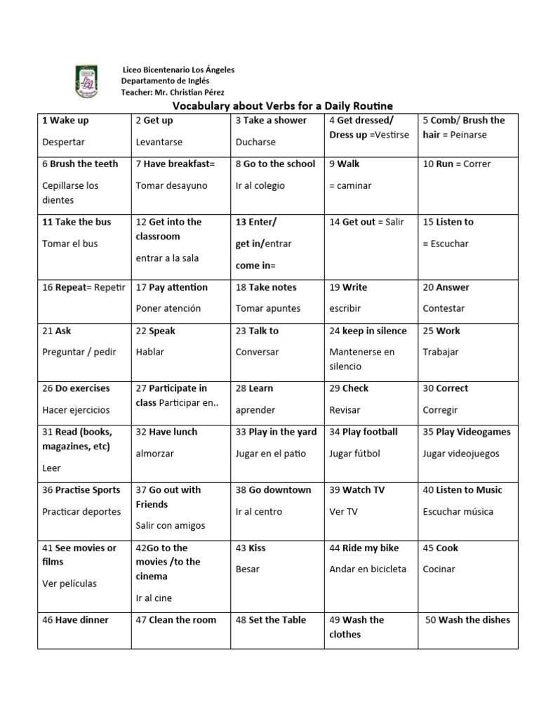Verbs For Daily Routine Actualizado | PDF