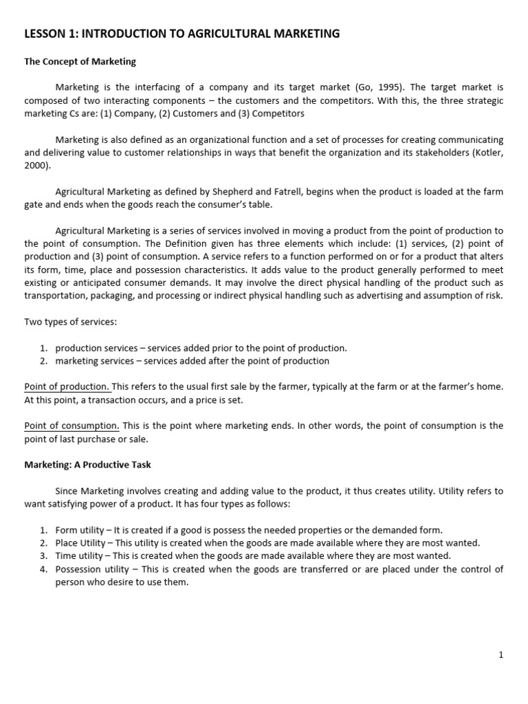 Lesson 1 Introduction to Agricultural Marketing | PDF | Marketing ...